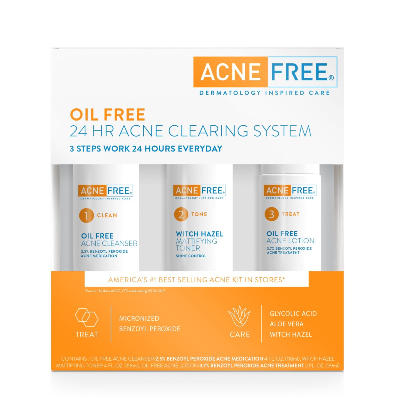 Acne Free Oil Free 24 HR Acne Treatment Kit, 3 Step Acne Clearing ...