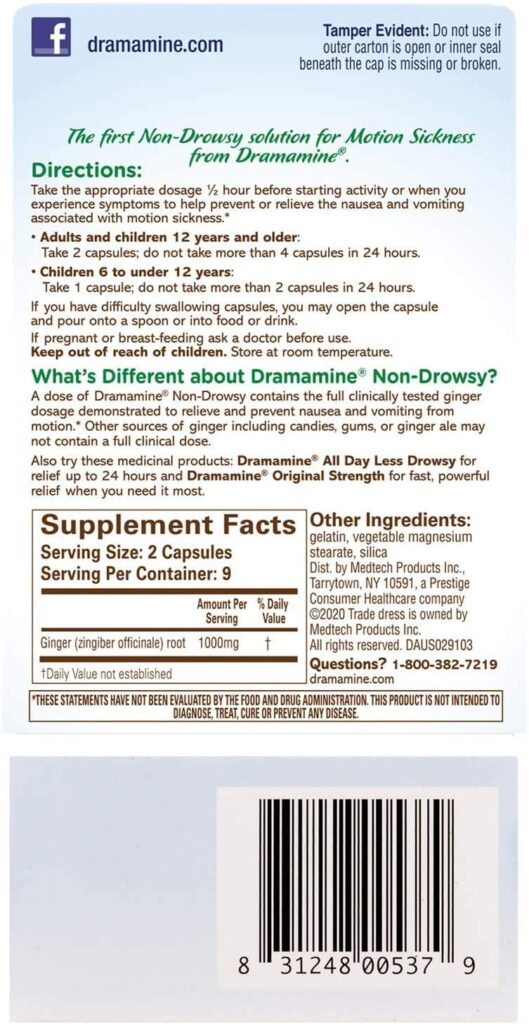 Dramamine natural Ginger Motion Sickness capsules Non-Drowsy "UK STOCK ...